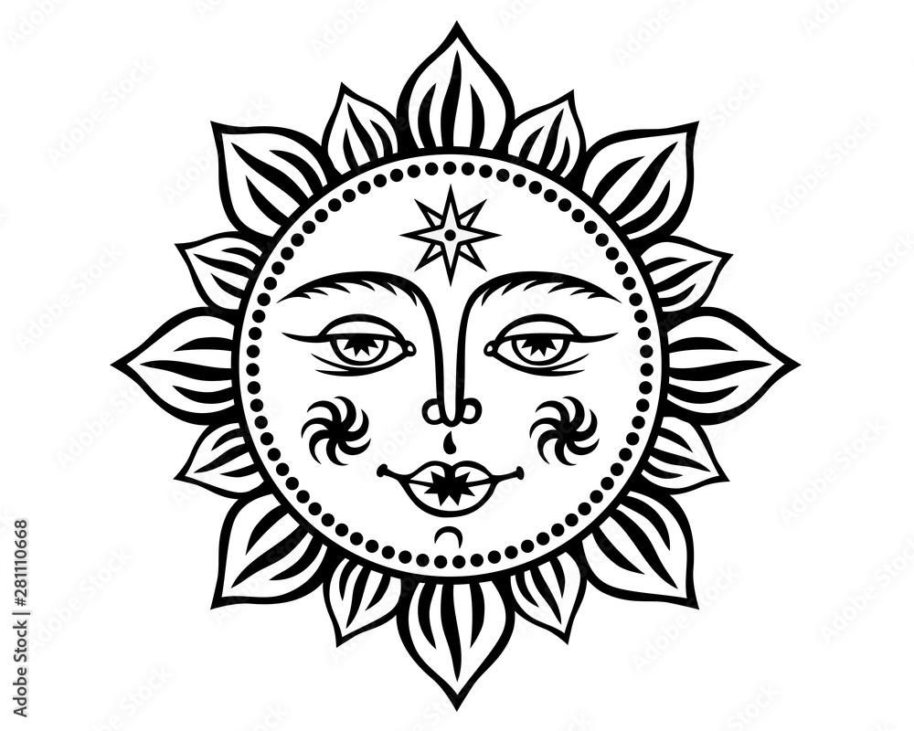 Sun with a human face, graphic black and white drawing in vintage style ...