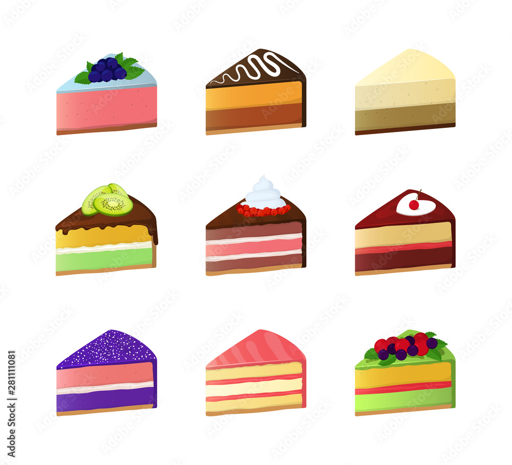 Cartoon Color Sweet Cake Dessert Slice Icon Set. Vector Stock Vector ...