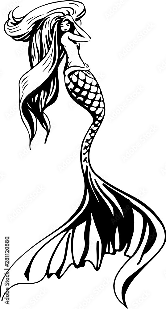 Ink drawing style - mermaid design - black and white Stock Vector ...