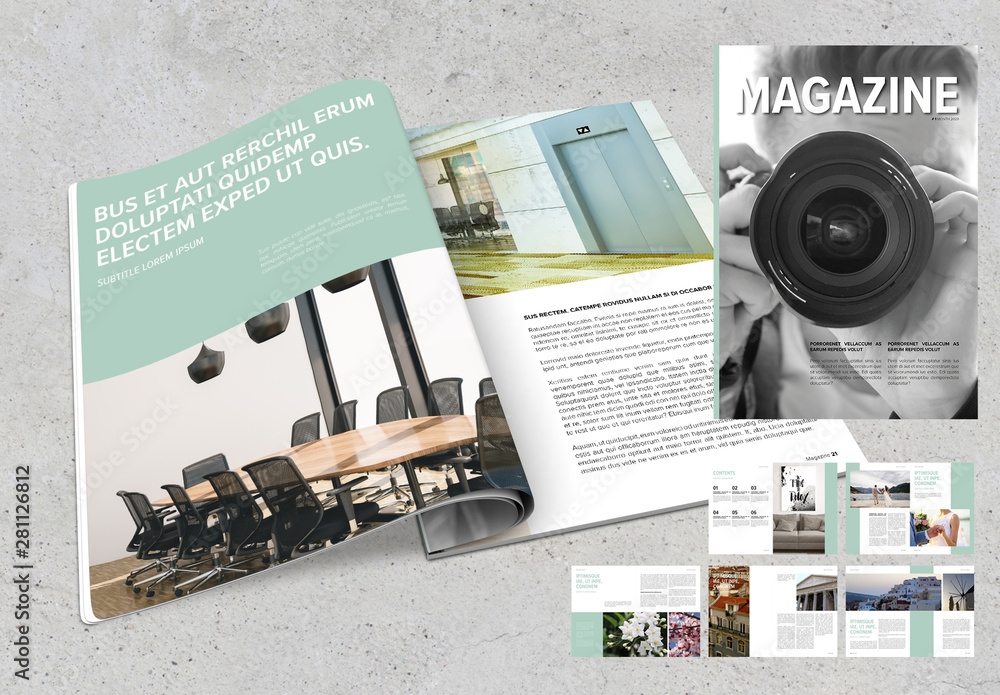 Magazine Layout with Mint Green Accents Stock Template | Adobe Stock