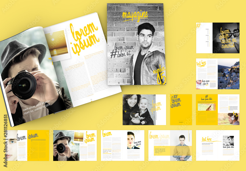 Magazine Layout with Yellow Brushstroke-Style Accents Stock Template ...