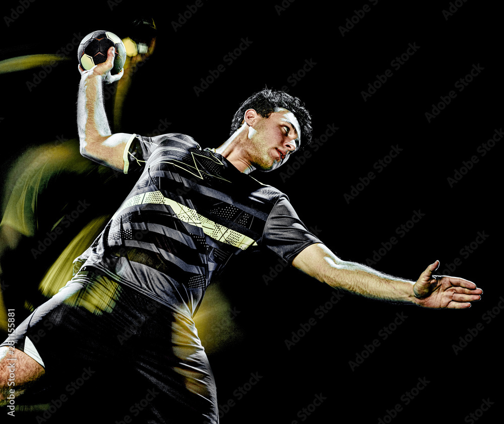 one caucasian handball player young man isolated on black background ...