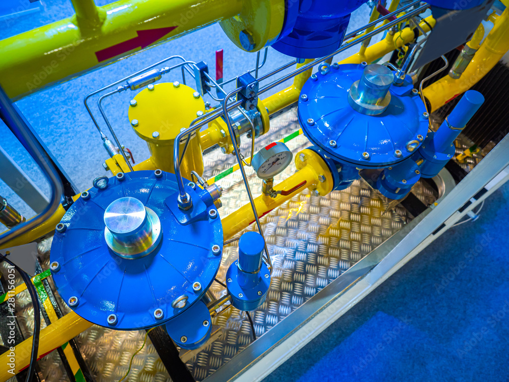 Gas supply pipes. Gas pipeline with pressure gauge. Natural gas ...