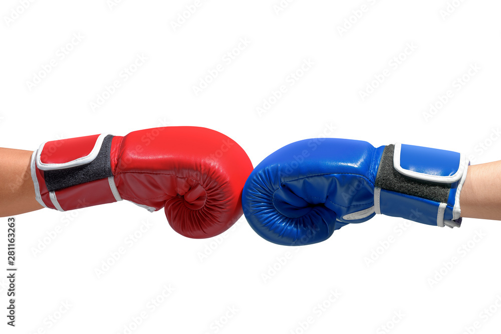 Hands of two men with blue and red boxing gloves bumped their fists ...
