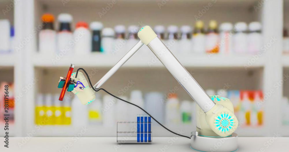 Robot arm holding vial with DNA robotic laboratory robot technology ...