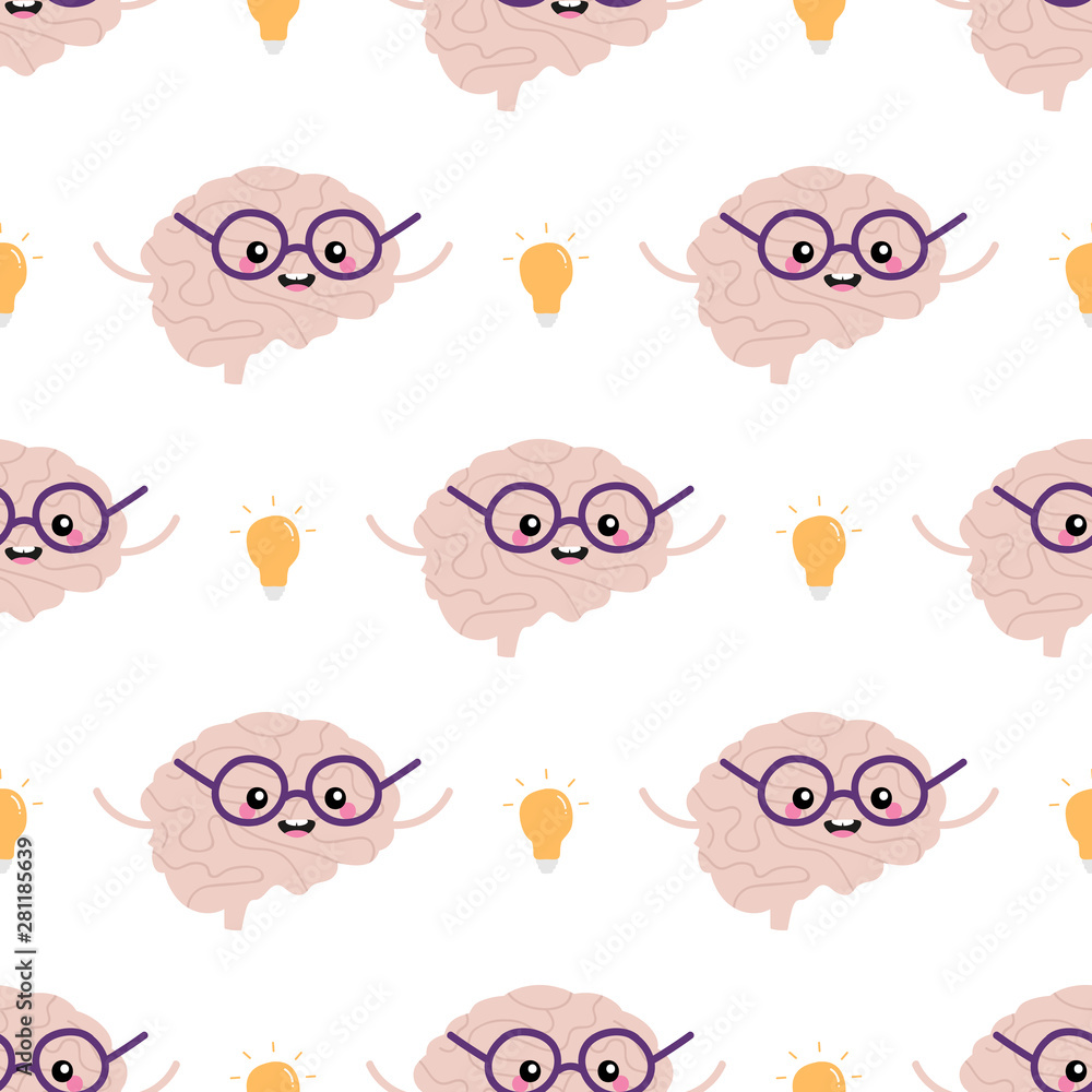 Vector seamless pattern background with cute cartoon style brain ...