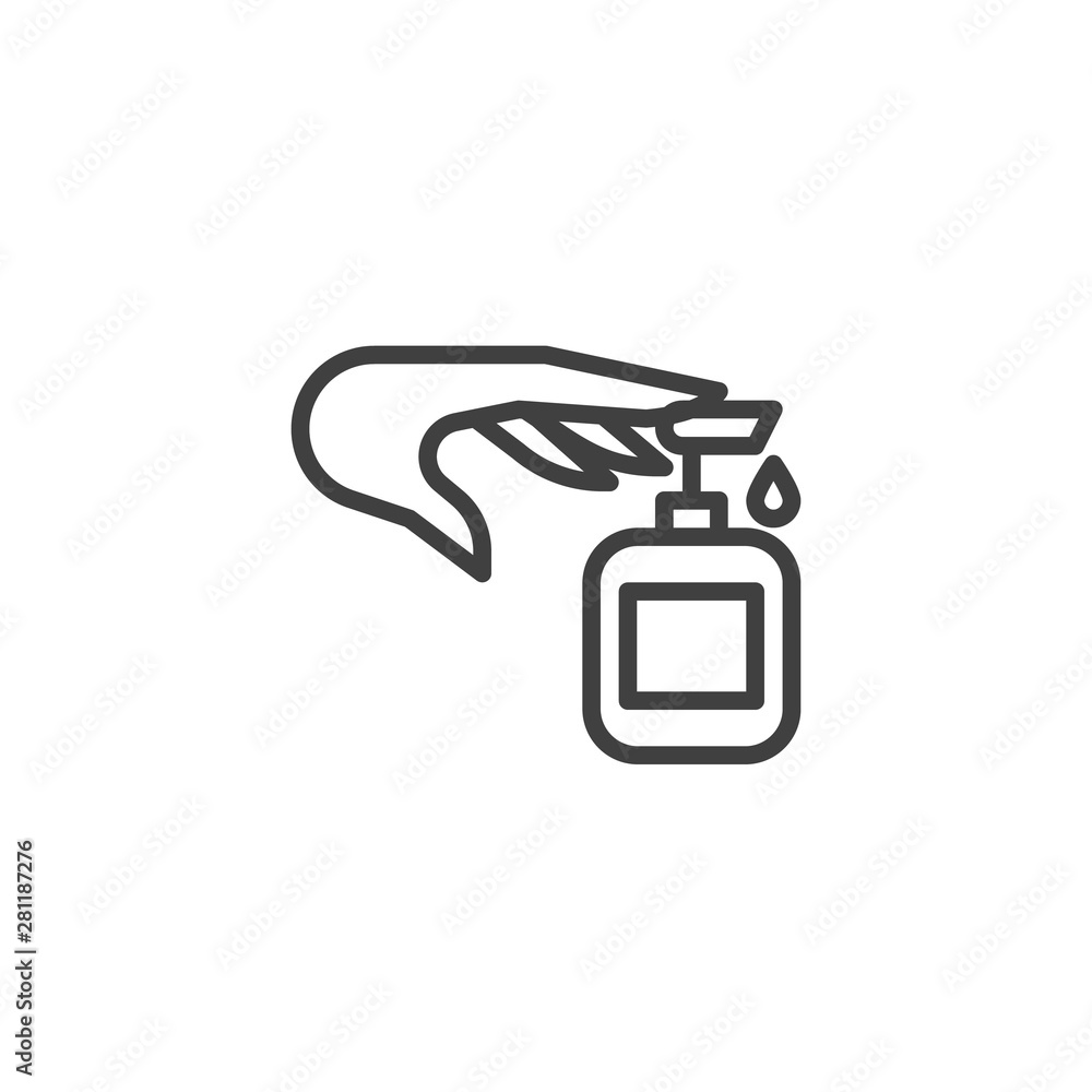 Liquid soap bottle and hand line icon. Washing hands linear style sign ...