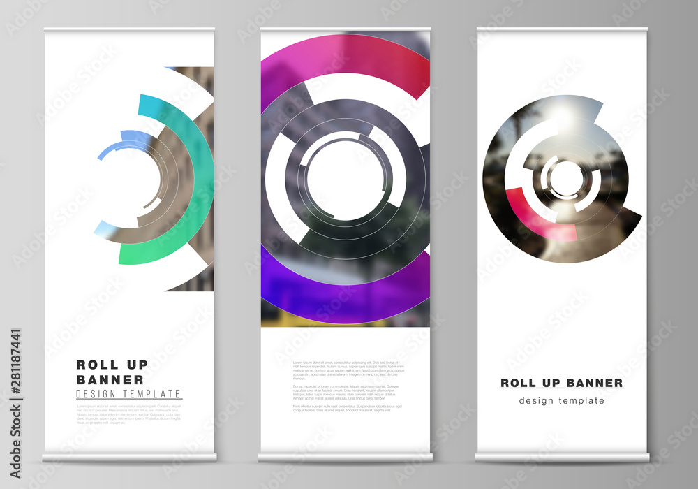 The vector layout of roll up banner stands, vertical flyers, flags ...
