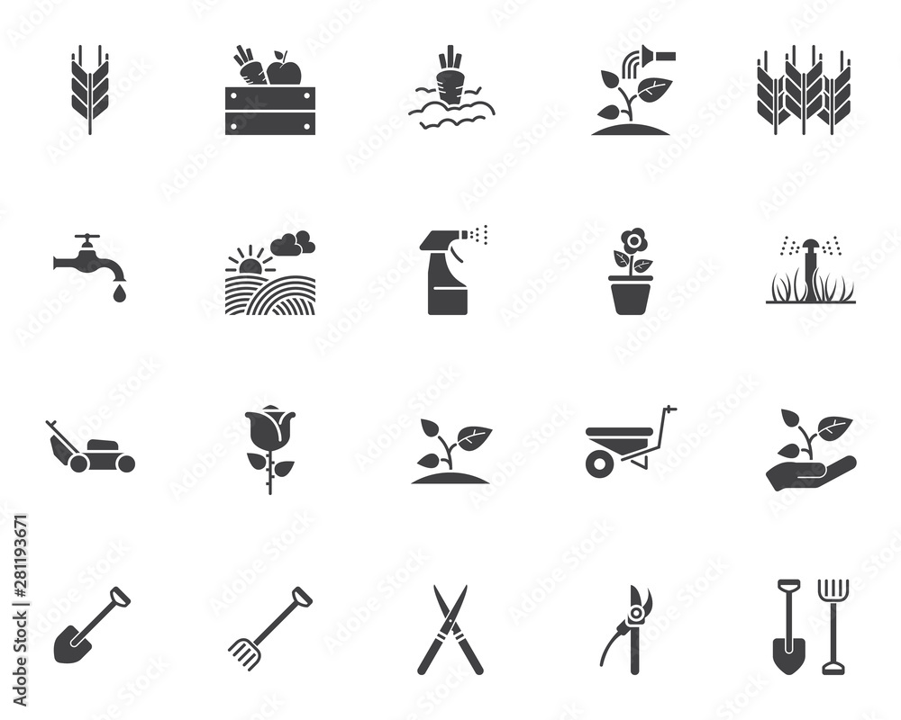 Gardening vector icons set, modern solid symbol collection, filled ...