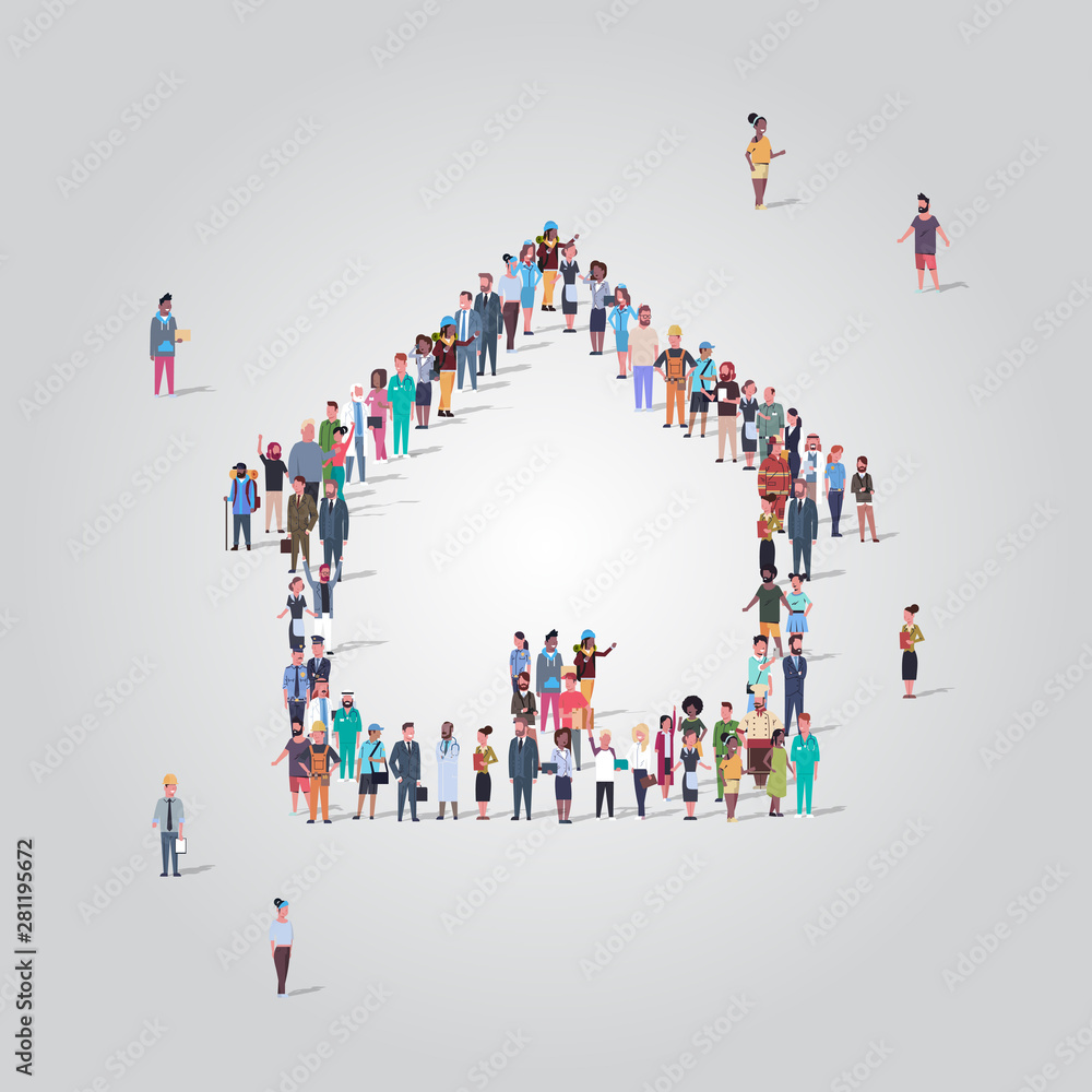 people crowd gathering in home icon shape social media community house ...