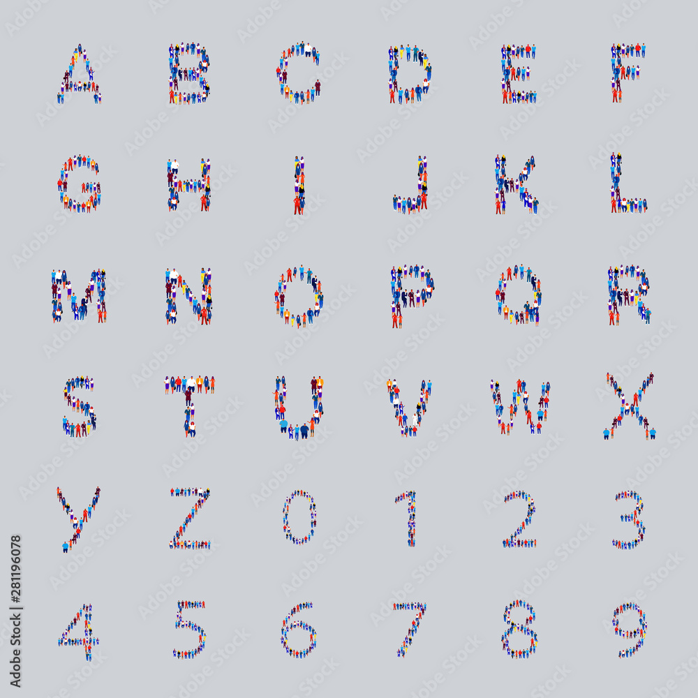 set business people crowd gathering in shape letters and numbers ...