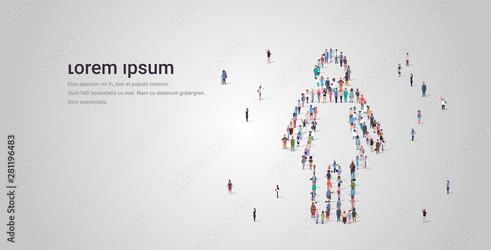 people crowd gathering in female icon shape social media community ...
