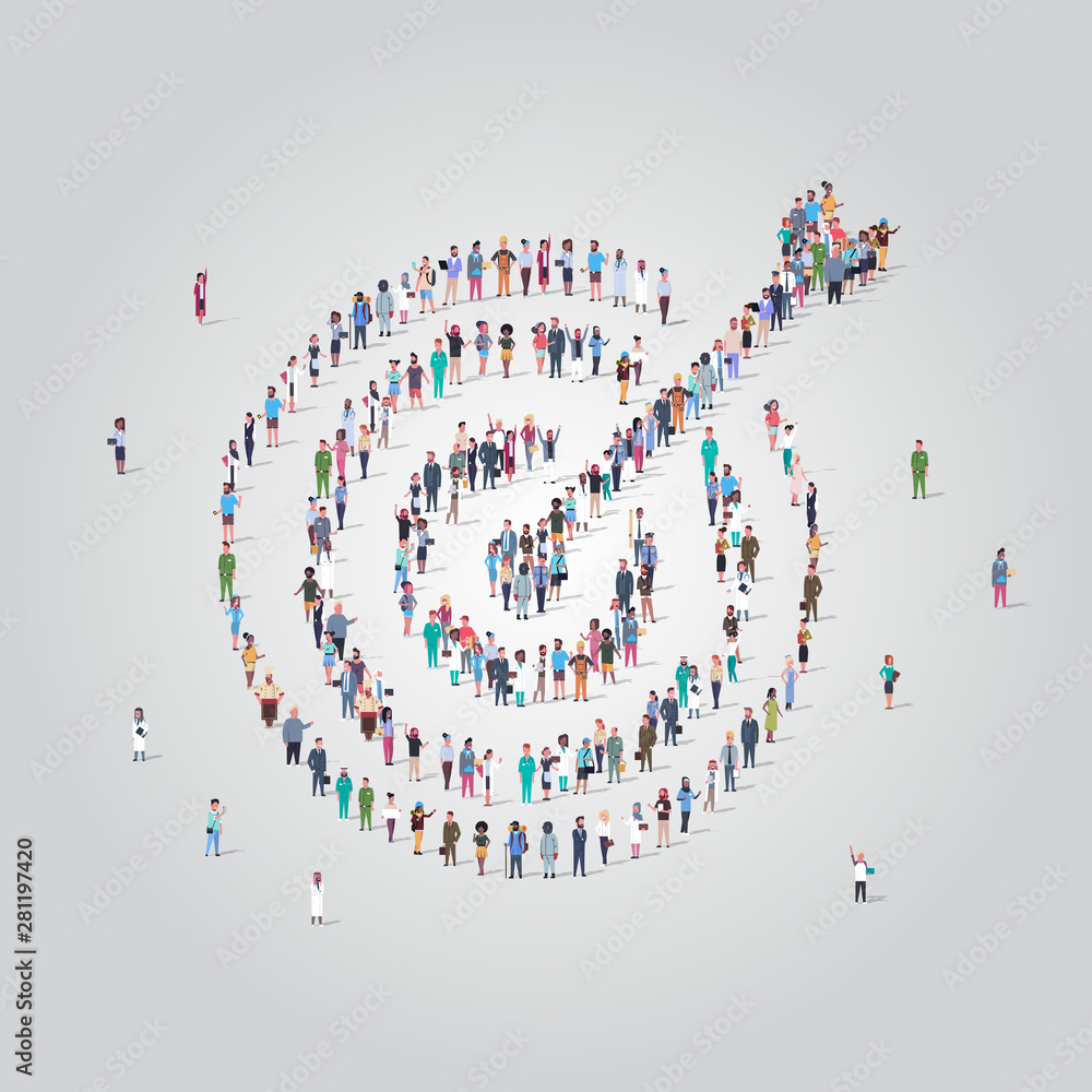 people crowd gathering in shape of target with arrow icon social media ...