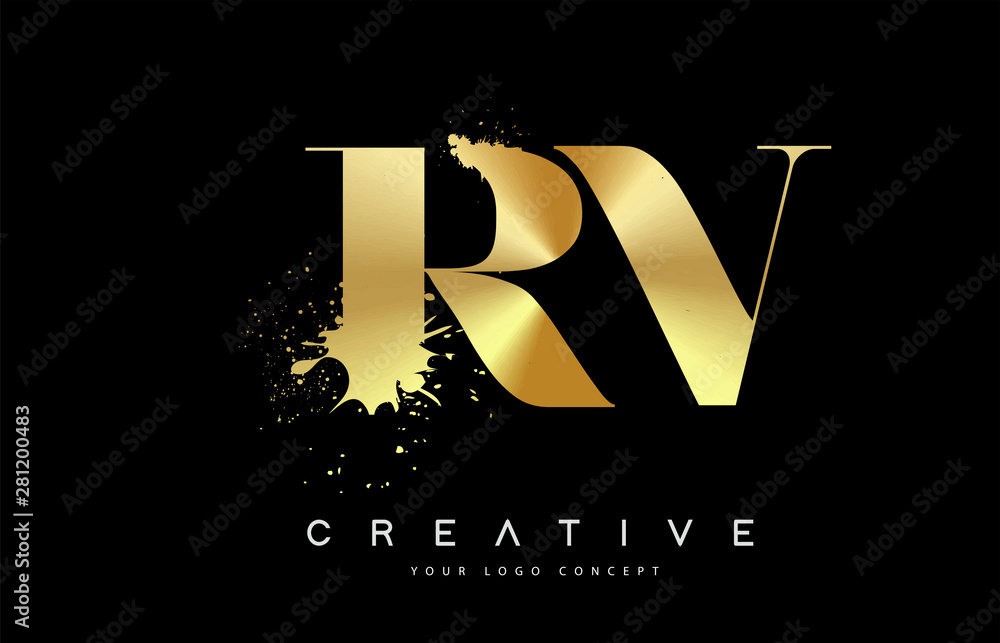 RV R V Letter Logo with Gold Melted Metal Splash Vector Design. Stock ...