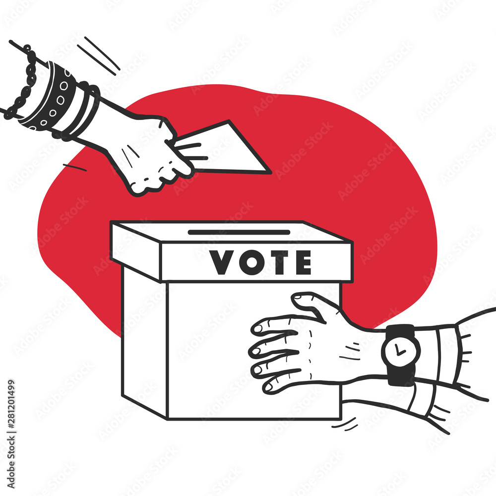 Vector vote illustration with human hands, voting bulletin and voting ...
