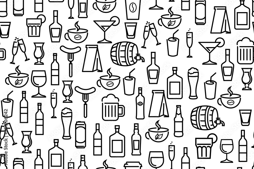 Vector Seamless pattern - Background with beverage and drinks. Line art ...