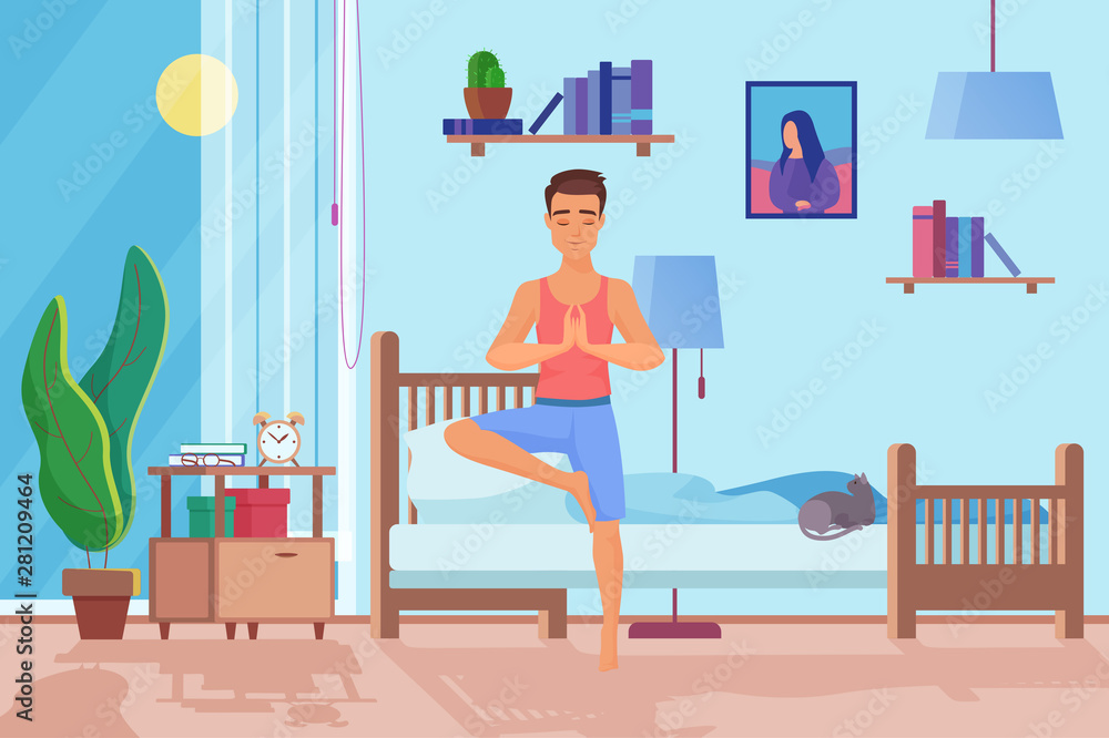 Morning exercises flat vector illustration. Healthy lifestyle, man ...