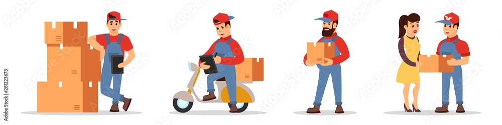 Loader standing near pile of cardboard boxes, motor scooter driver ...