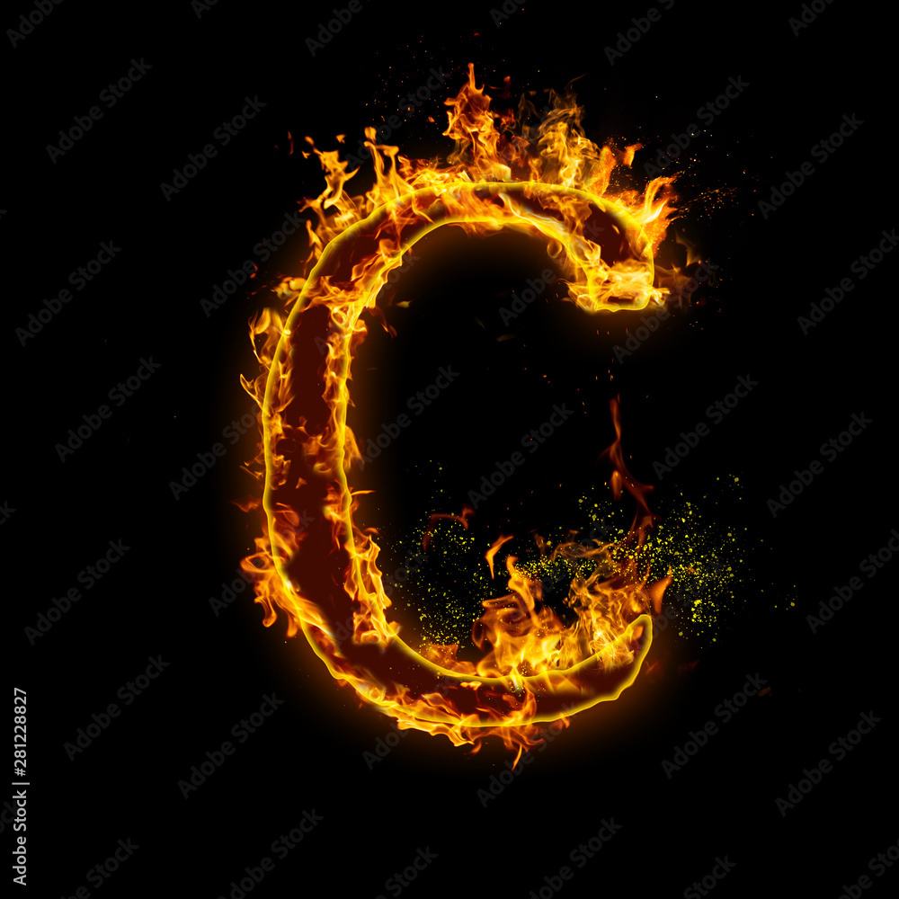 Letter C. Fire flames on black isolated background, realistick fire ...