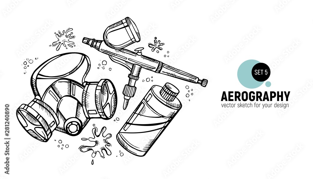 Hand drawn vector illustration of aerography tools. Protective mask ...