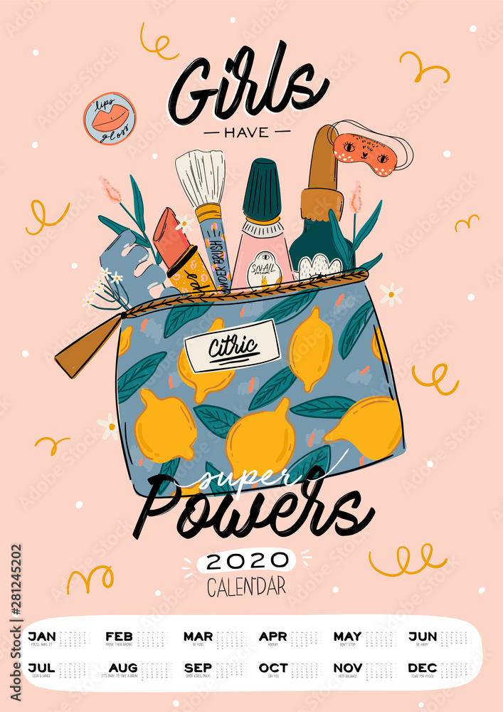 Cute Girl Power skincare wall calendar. 2020 Yearly Planner with all ...