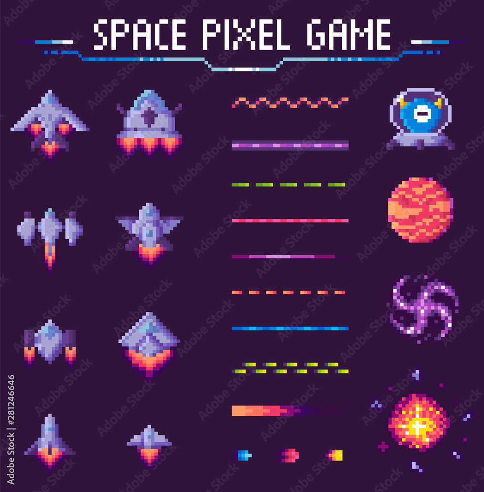 Space pixel game vector, graphics of 8 bit graphics, set of spaceships ...