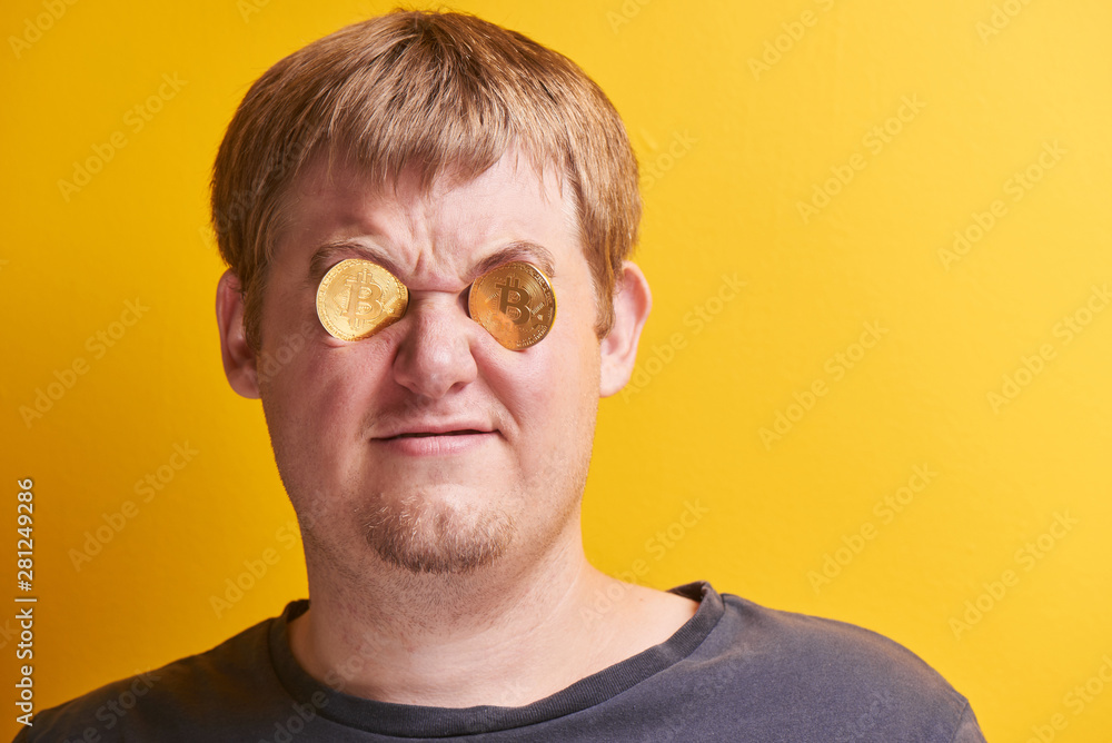 Portait of funny fat man with sinister face, bitcoins in the eyes on ...