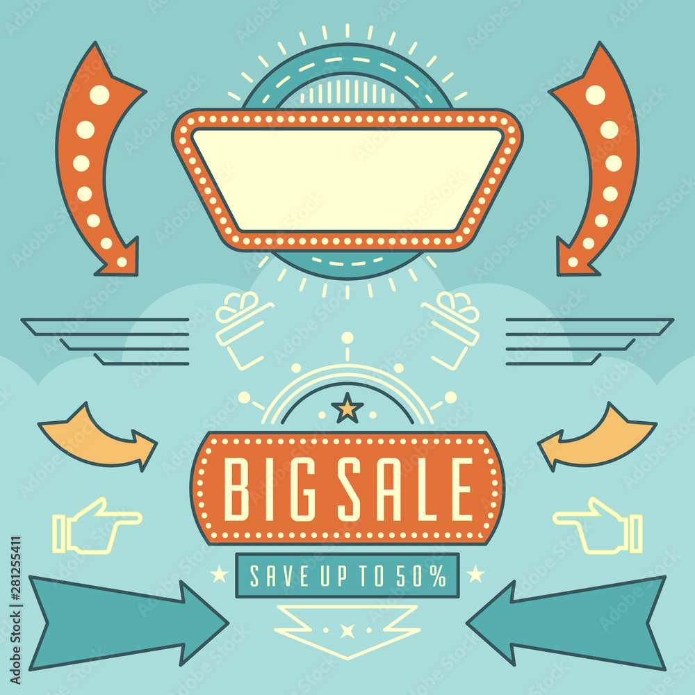 Retro american 1950s sign design elements set billboard signages light ...