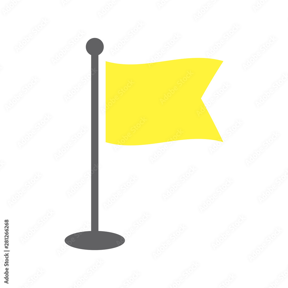 Yellow windy flag on flagpole. Yellow leader flag on flagpole, vector icon. Pointer or direction ...
