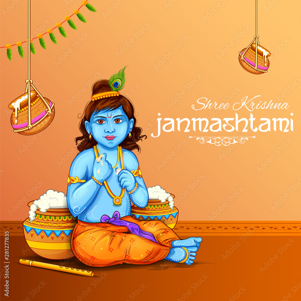 illustration of Lord Krishna eating makhan in Happy Janmashtami ...