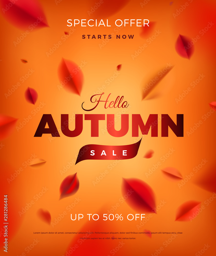 Autumn sale poster vertical background with red leaves, fall nature ...