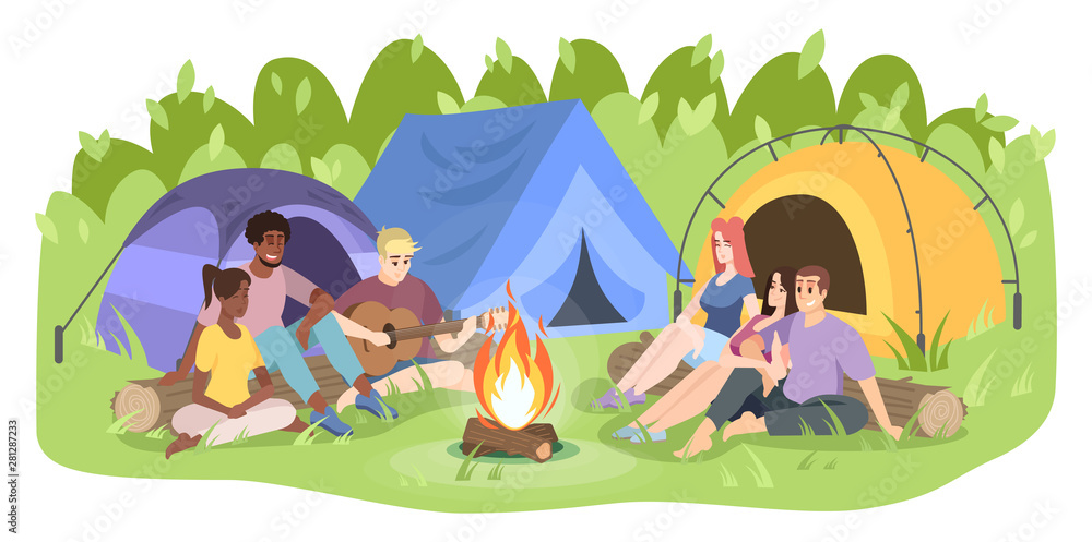Summer camp recreation flat vector illustration. Young men and women ...