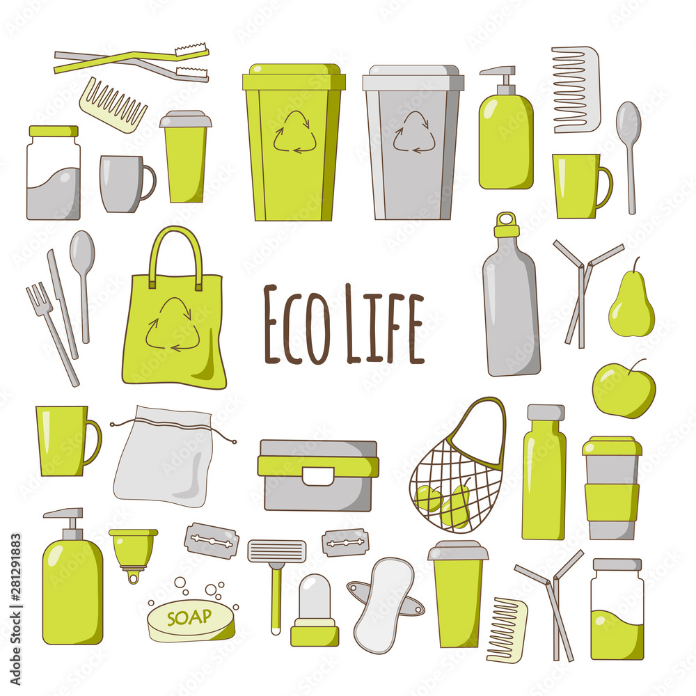 Eco lifestyle zero waste reusable items - Vector illustration. Sorting ...
