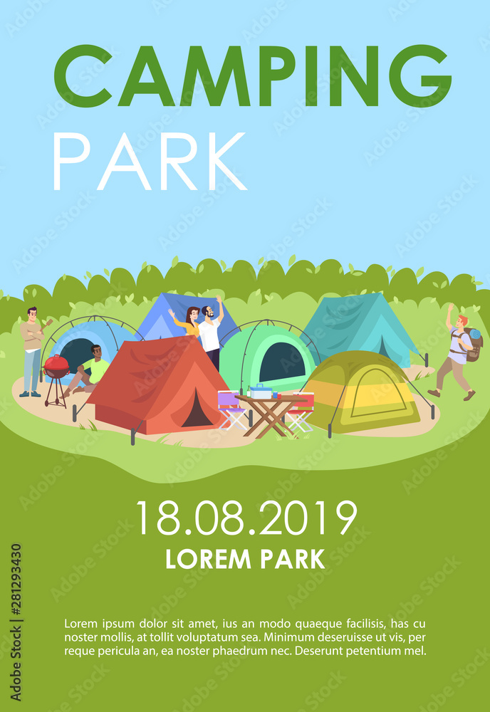 Camping park brochure template. Backpacking trip flyer, booklet ...