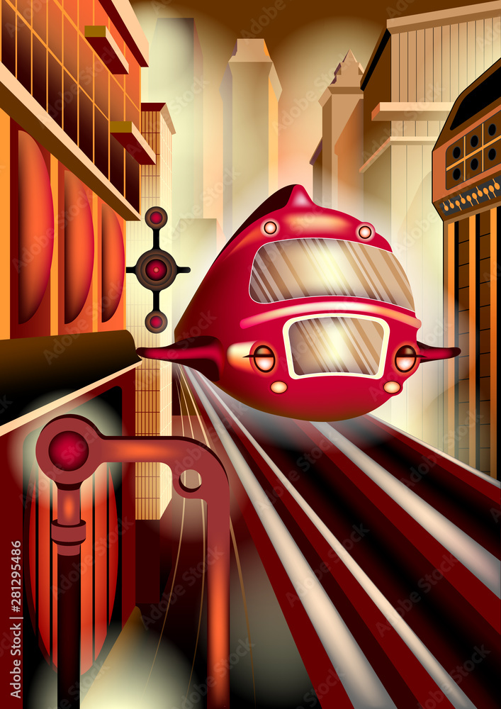 High-speed train moving on the rails and the city of the future in the ...