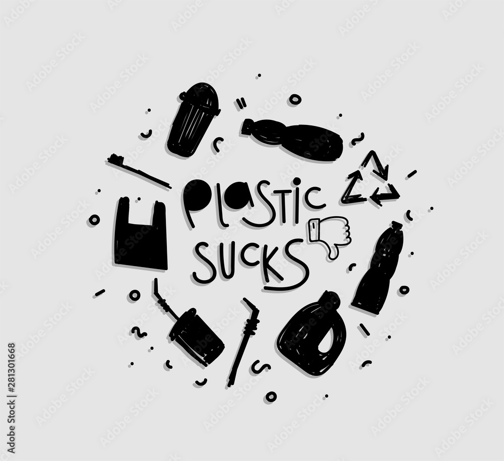 Stop using plastic. Motivational handwritten phrases. Hand drawn vector ...