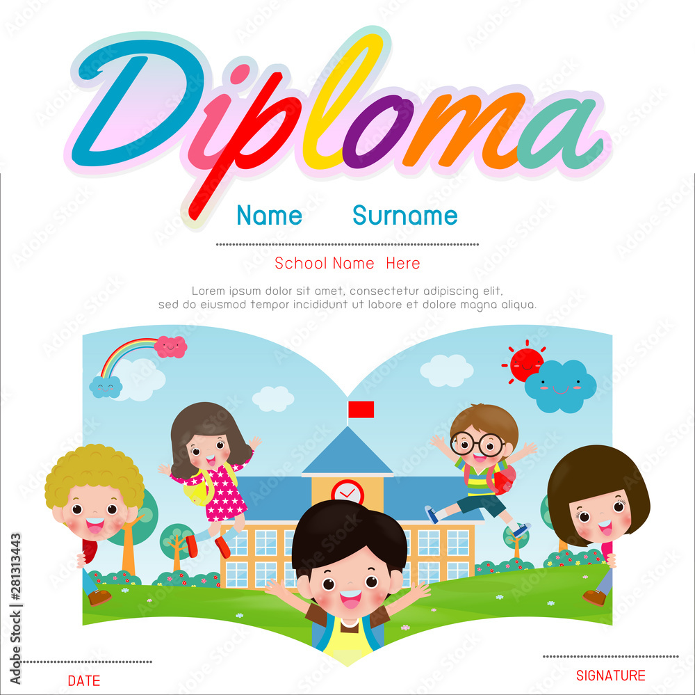 Certificate kids diploma, kindergarten template layout space background ...