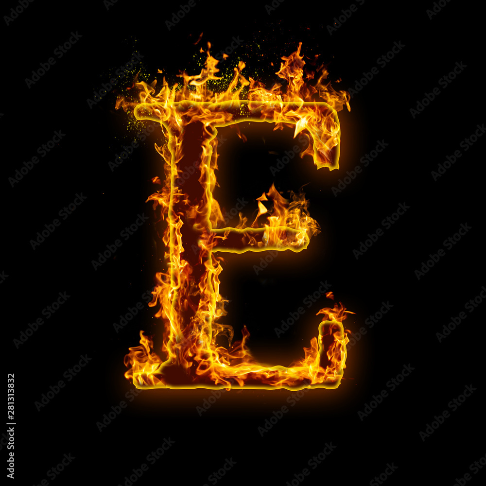 Letter E. Fire flames on black isolated background, realistick fire ...