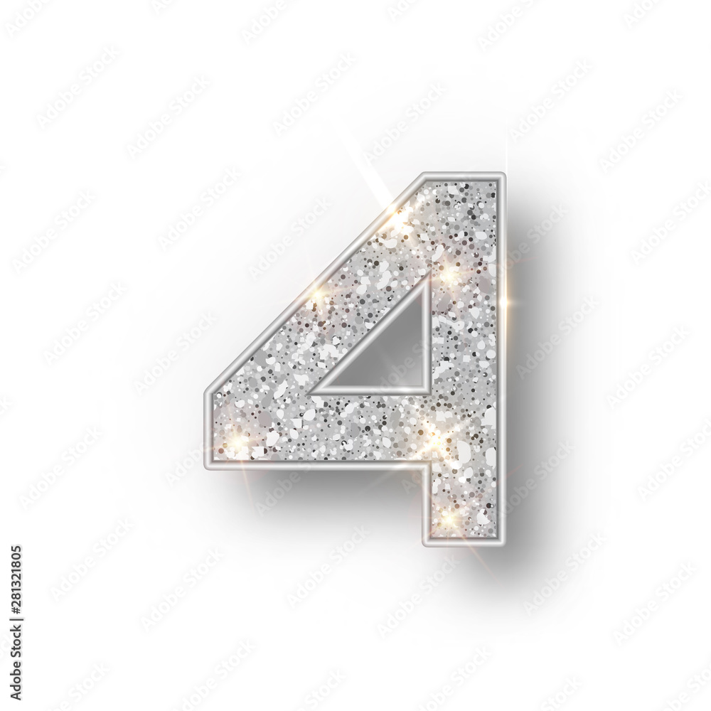 Silver glitter alphabet numbers 4 with shadow. Vector realistick ...