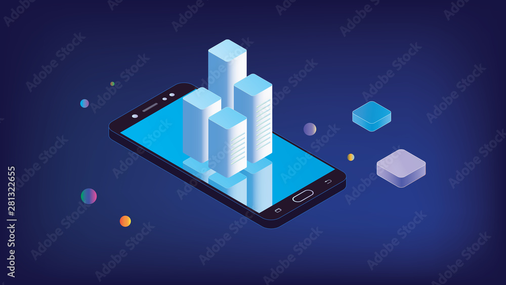 Isometric smartphone with info charts on blue technical background ...