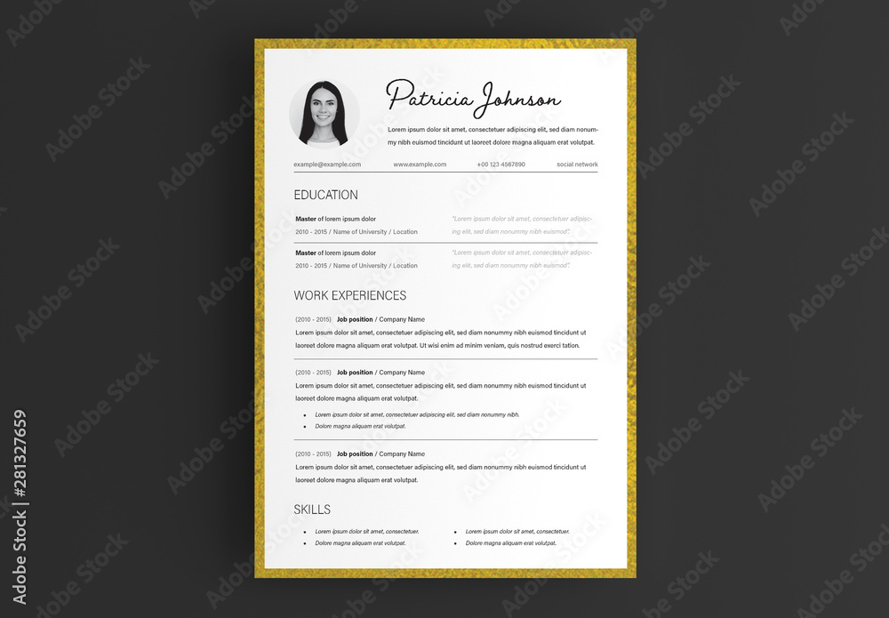 Resume Layout with Gold Frame Stock Template | Adobe Stock