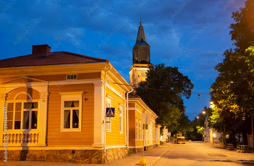 Night street of Porthaninkatu in the city of Turku and the 13th century ...