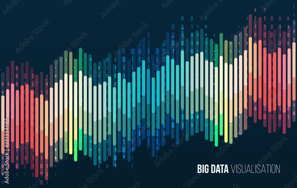 Big data visualization. Abstract background with lines array and binary code. Connection ...