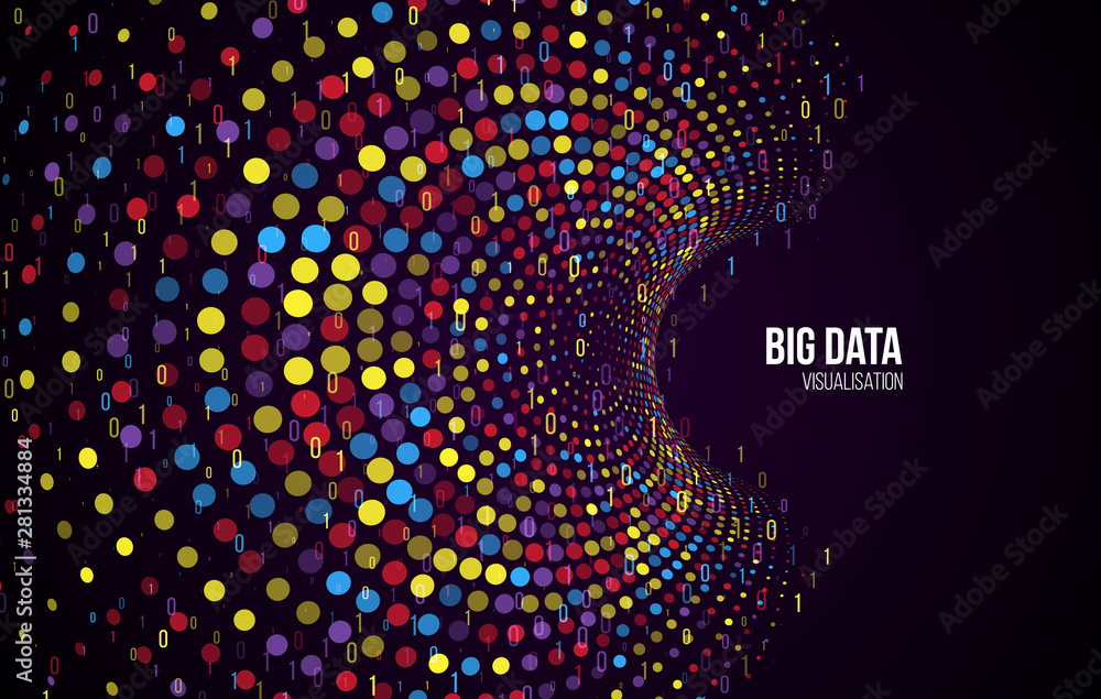 Big data visualization. Abstract background with dots array and binary code. Connection ...