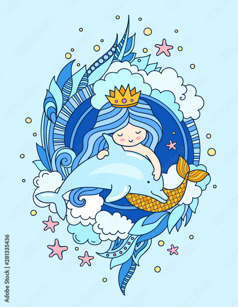 Cute little mermaid with dolphin, surrounded by clouds, seaweeds. Under ...