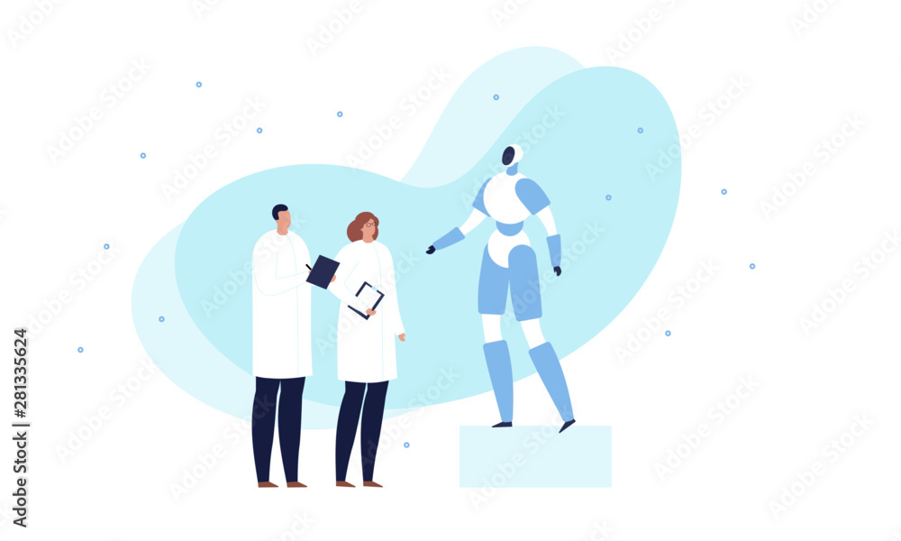 Vector modern flat robotic science banner template. Team of scientist ...
