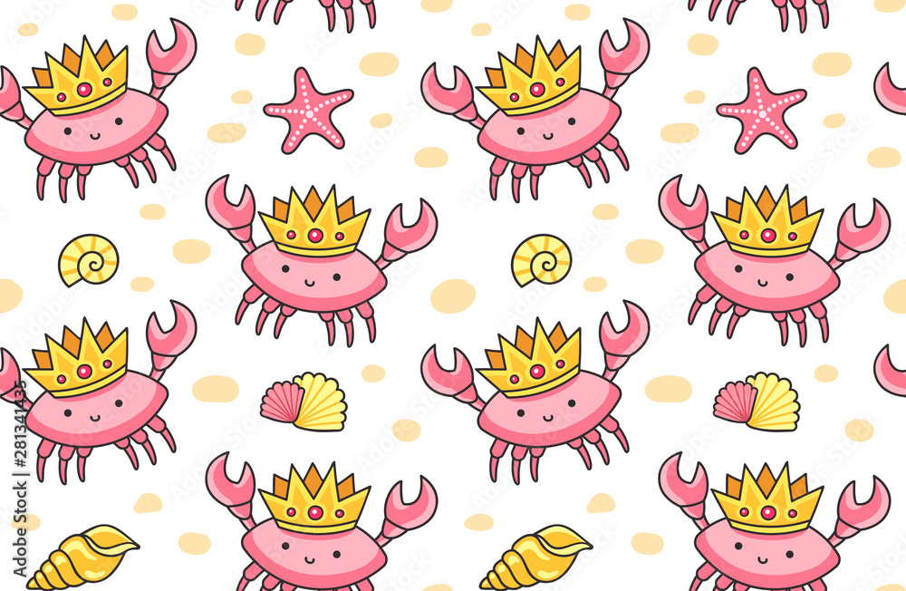 Cute crabs in the golden crowns. Seamless pattern for textile, fabric ...