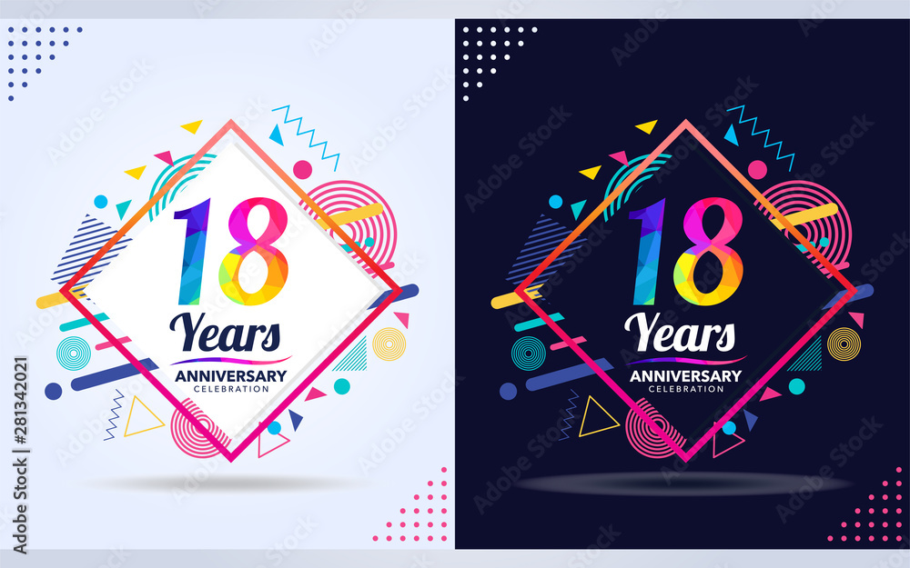 18 years anniversary with modern square design elements, colorful ...