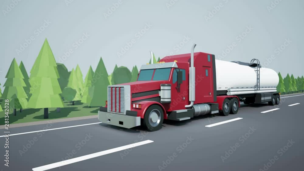 Front view camera follows American semi truck with petrol or oil tank ...