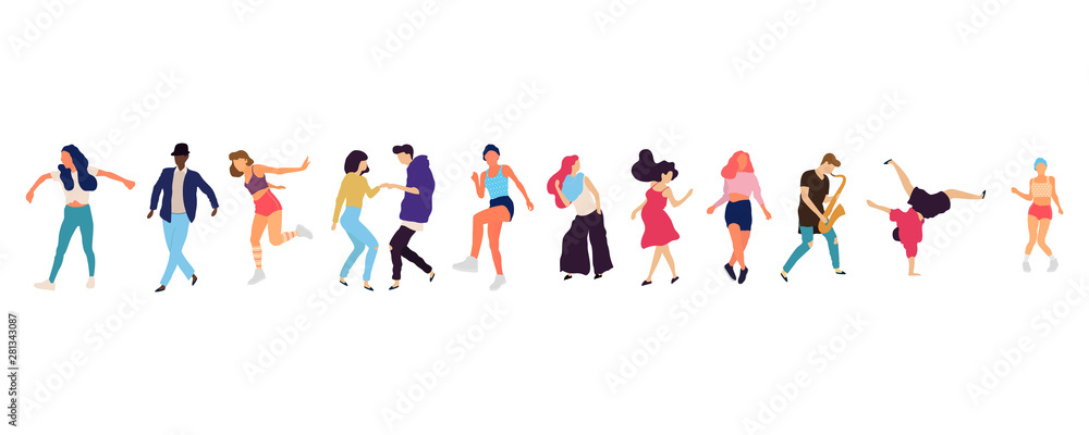 Crowd of young people dancing at club. Big set of characters having fun ...